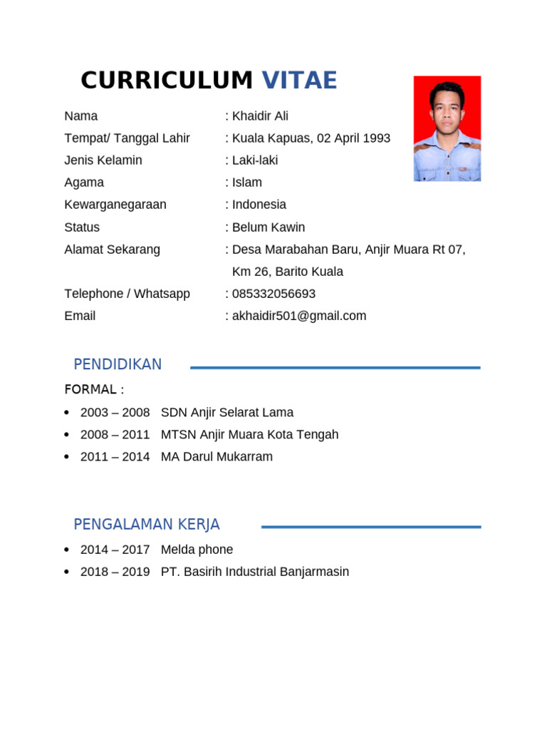 CV Khaidir Ali: Pendidikan dan Pengalaman | PDF