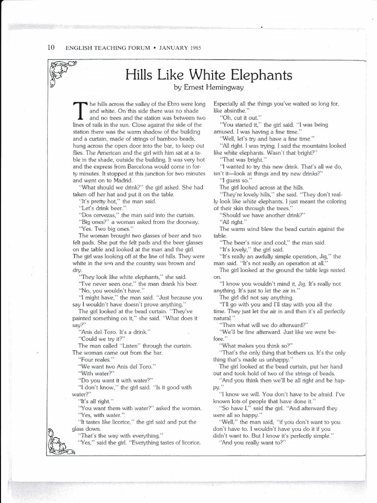 Hills Like White Elephants - Ernest Hemingway | PDF