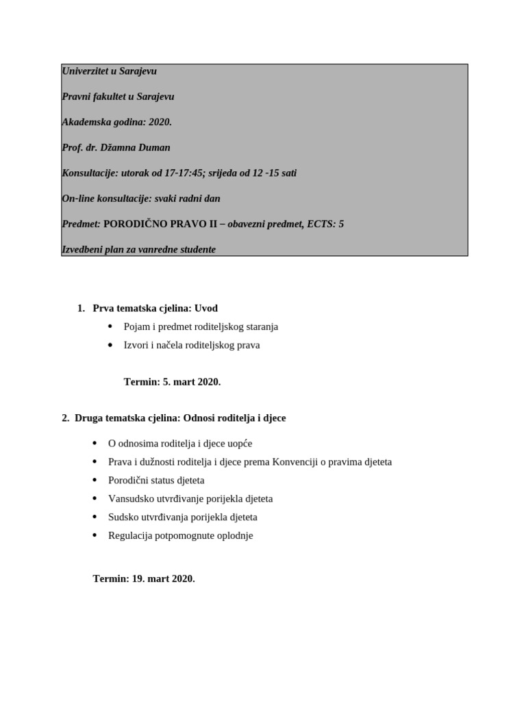 Izvedbeni Plan PPII 2020 Vanredni Studenti | PDF