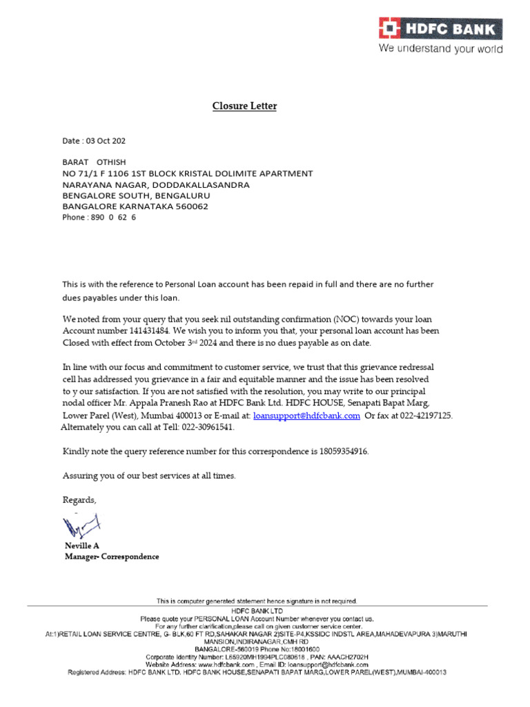 Closure Letter: Subject: HDFC Bank Personal Loan # - 141431484 | PDF