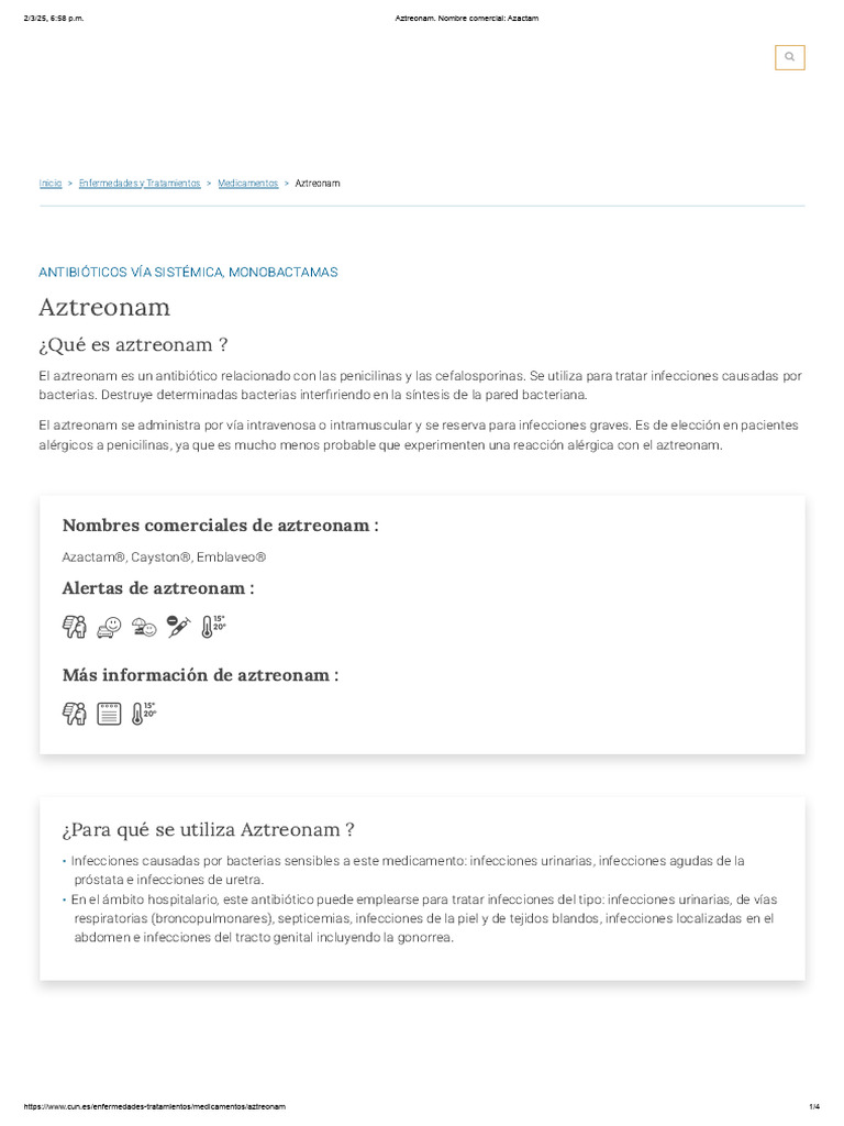 Aztreonam. Nombre comercial_ Azactam | PDF | Penicilina | Infección del ...