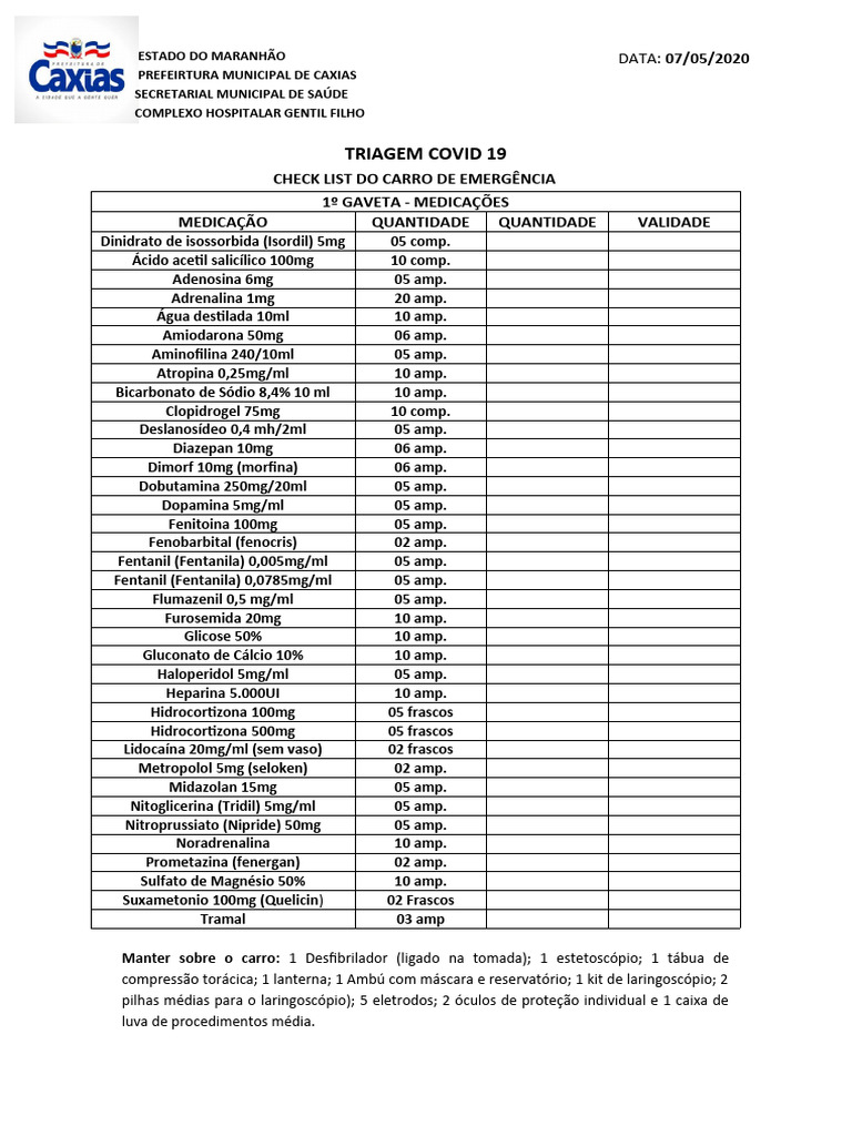 Check List Carro de Emergência COVID-19 | PDF | Drogas | Organização ...