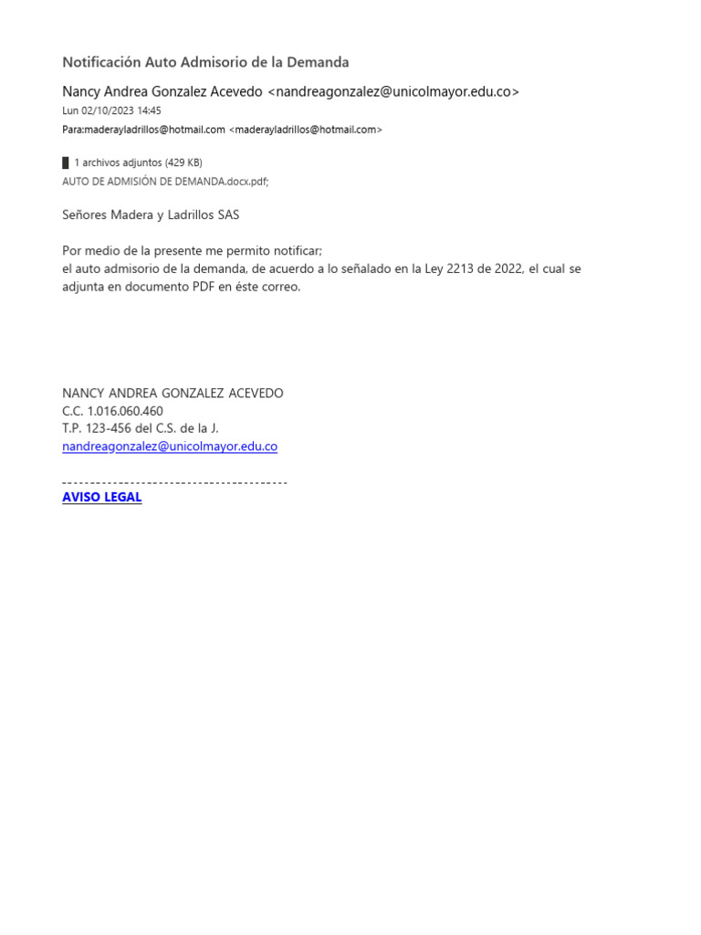 Correo Auto Admisorio de La Demanda - Madera y Ladrillos SAS - Outlook ...