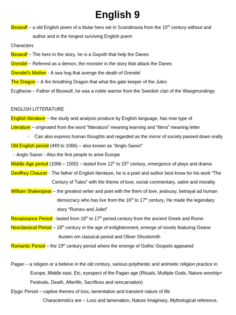 English 9 1st grading | PDF | Beowulf | English Literature