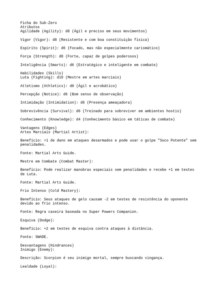 Ficha do Sub-Zero | PDF