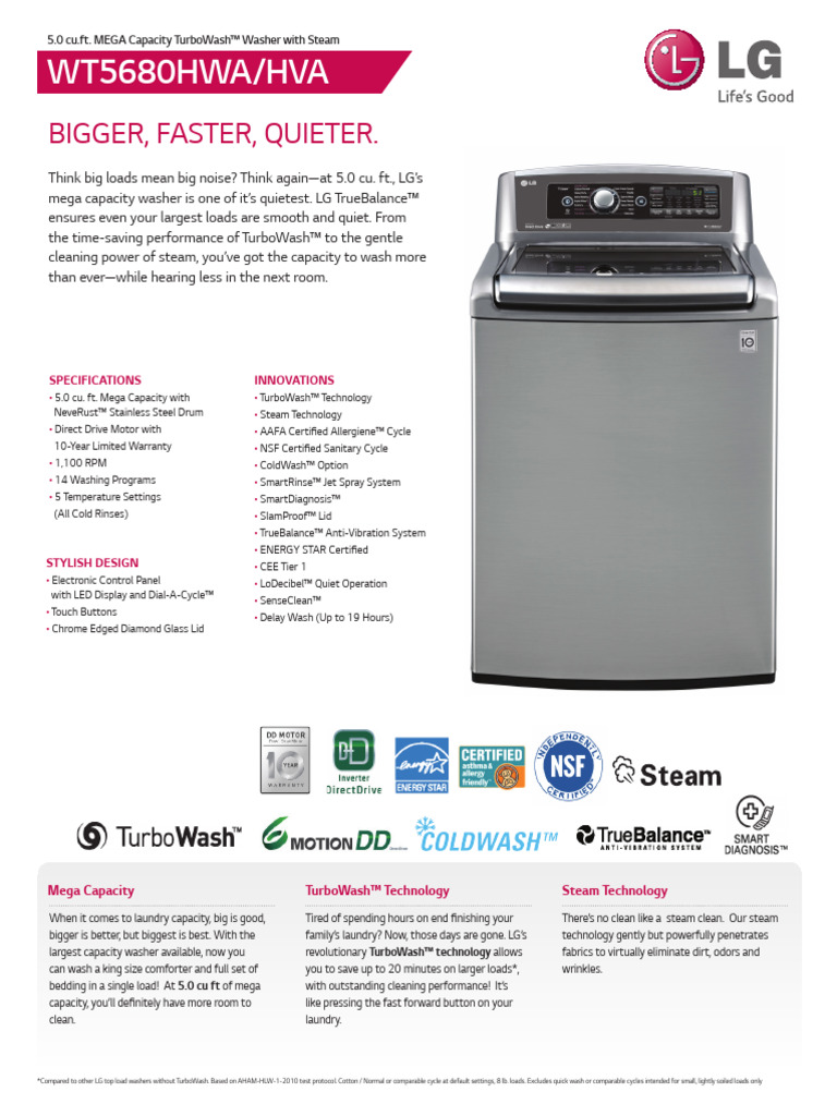 WT5680 Spec Sheet J2 | PDF | Washing Machine