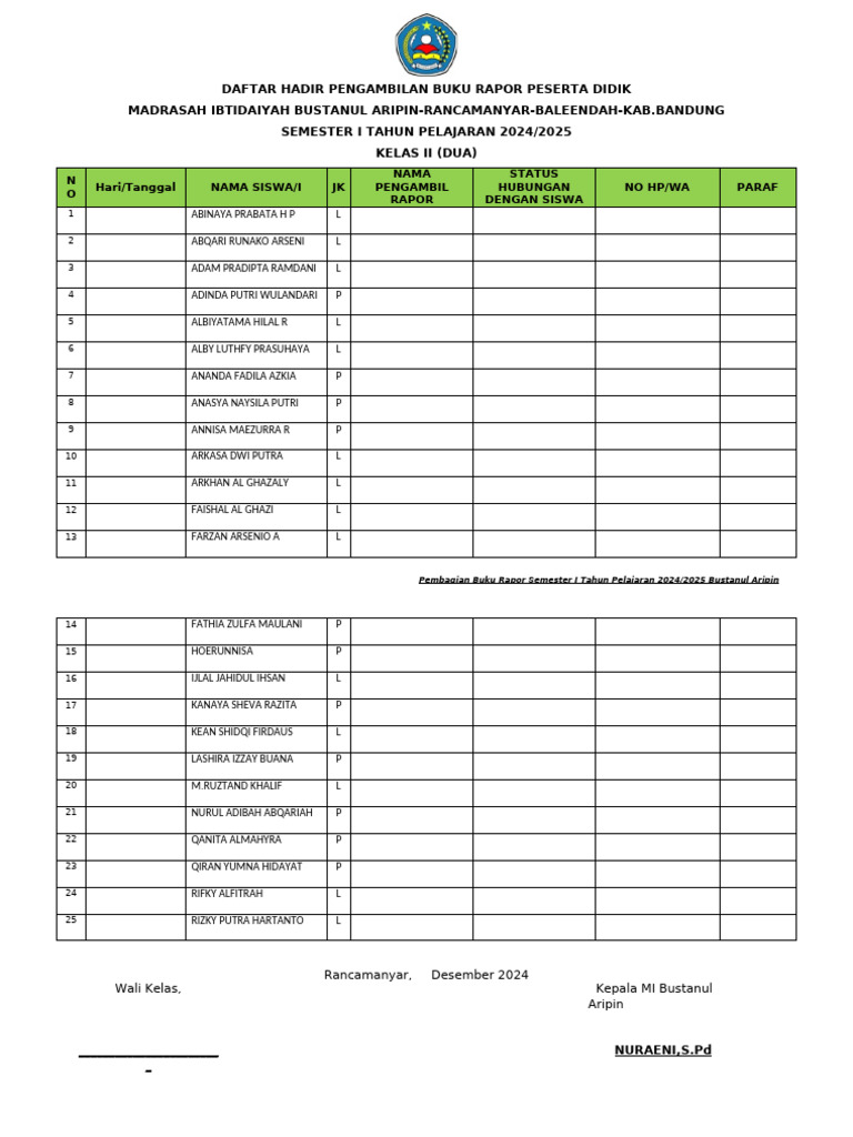 Daftar Hadir Pengambilan Buku Rapor Peserta Didik | PDF