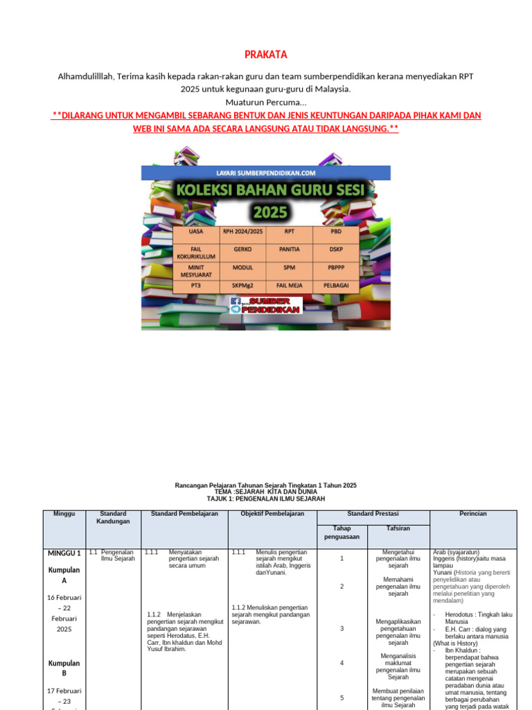 RPT-2025-Sejarah-Tingkatan-1-KSSM | PDF