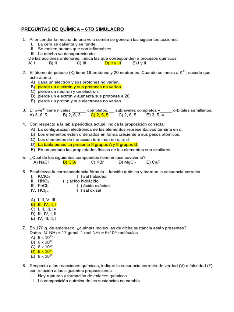 Simulacro Vi de Química | PDF | Reacciones químicas | Redox