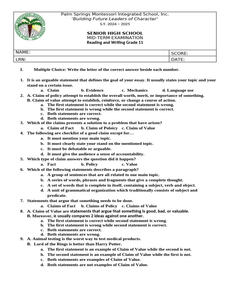 Grade 11 Reading & Writing Exam Guide | PDF | Truth