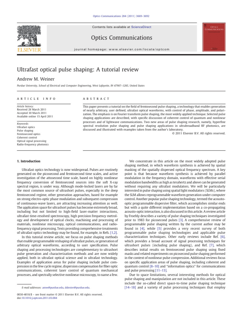 Weiner - 2011 - Ultrafast Optical Pulse Shaping A Tutorial Review | PDF ...