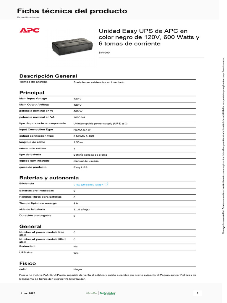 Schneider Electric - No-Break-EasyUPS - BV1000 | PDF | Cantidad ...