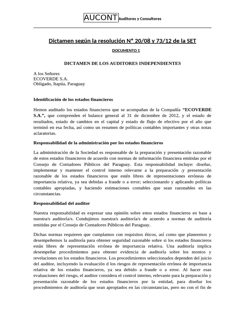Informe de Auditor Independiente | PDF | Auditoría | Estado financiero