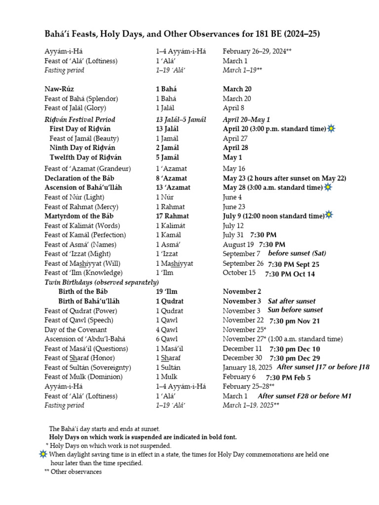 Bahá'í Feast Calendar 2024-2025 | PDF | Bahá'í Faith | Religious Holidays