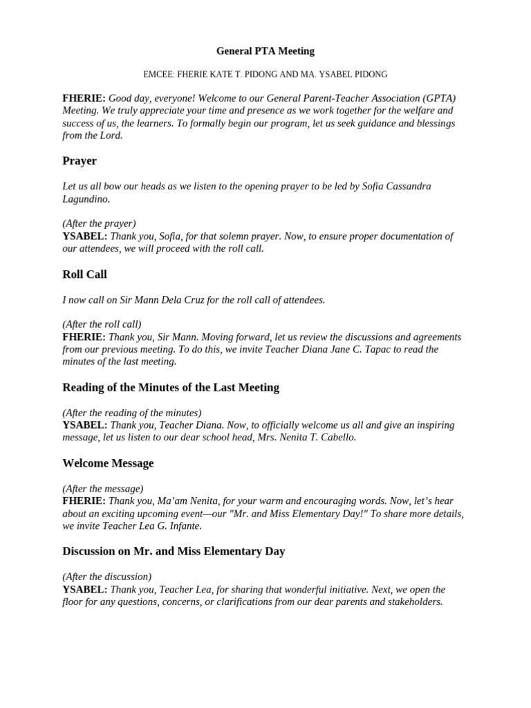 General PTA Meeting Emcee Script | PDF