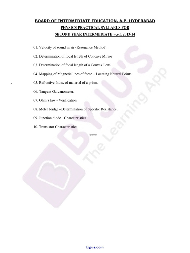 AP Intermediate 2nd Year Physics Practical Syllabus | PDF