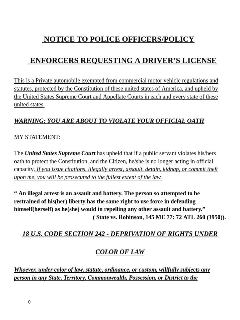 Notice to Peace Officers Requesting a Driver's License - Google Docs | PDF
