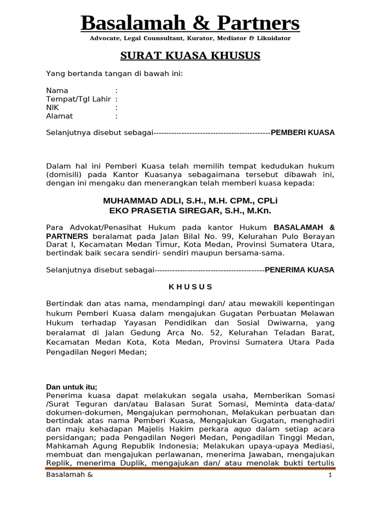 Surat Kuasa Gugatan PMH | PDF