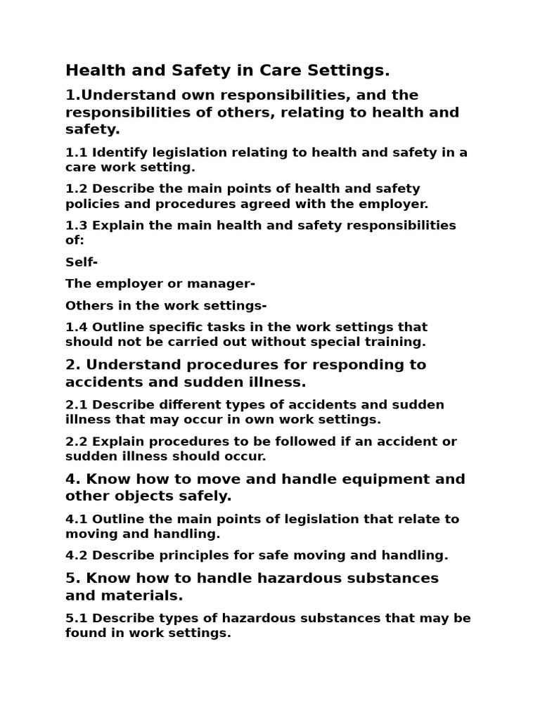 Health and Safety in Care Settings | PDF