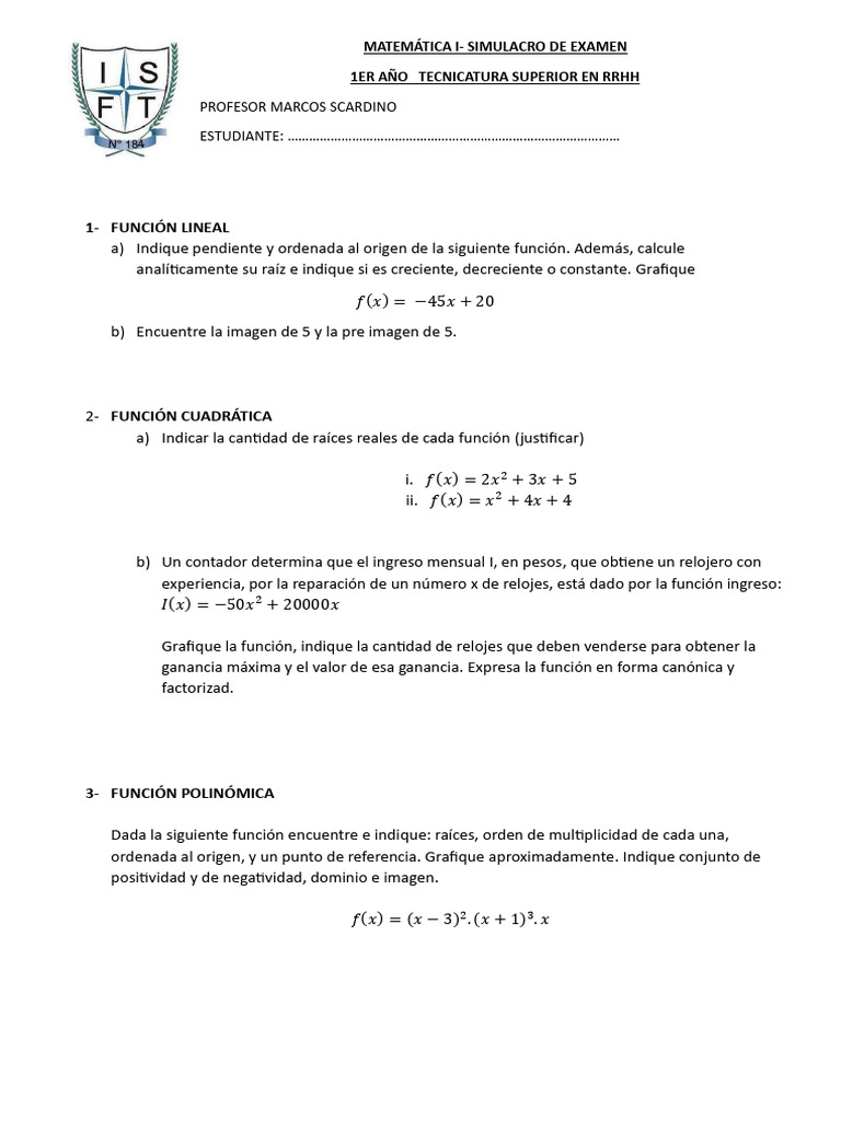 Simulacro Matemáticas I: Funciones y Gráficas | PDF