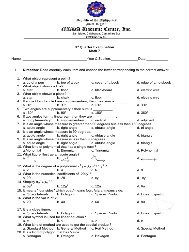 3rd Grading Exam in Math 77 | PDF | Triangle | Angle