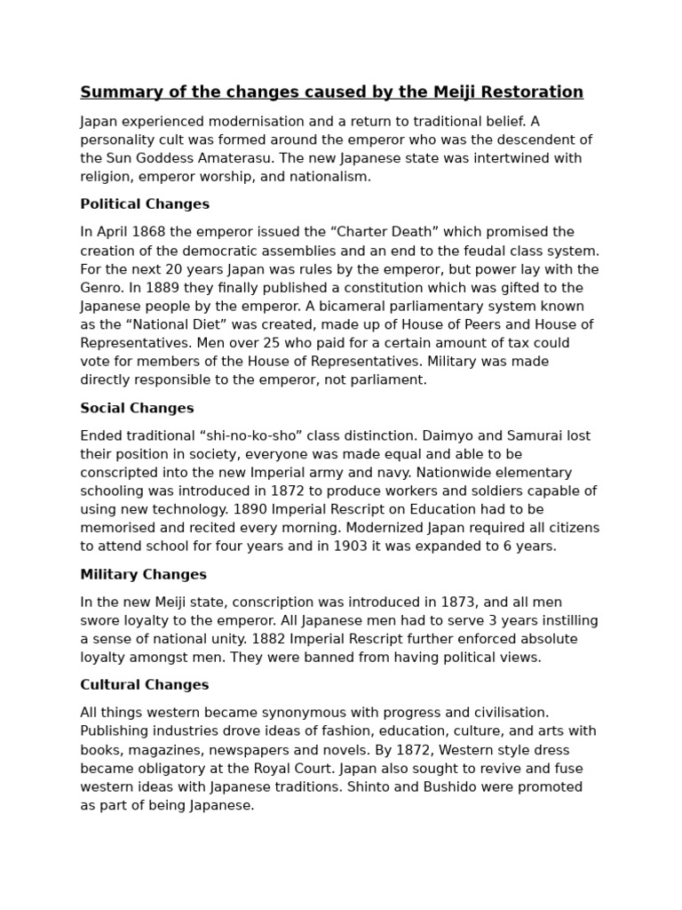 Summary of The Changes Caused by The Meiji Restoration | PDF | Empire ...