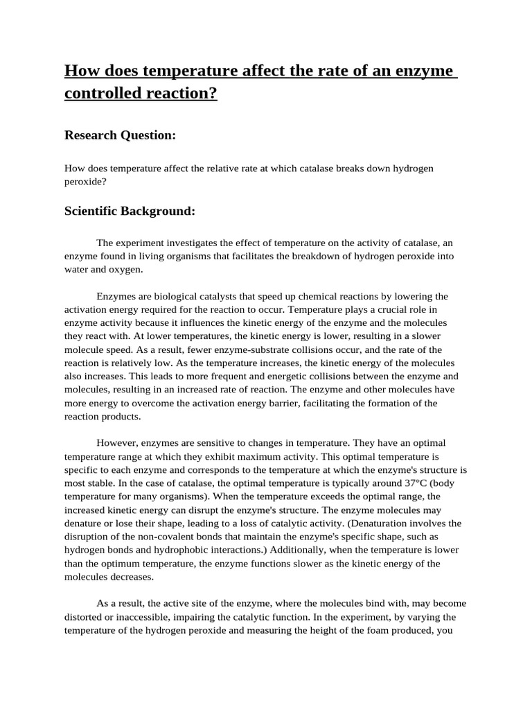 How Does Temperature Affect The Rate Of An Enzyme Controlled Reaction Pdf Enzyme Catalase