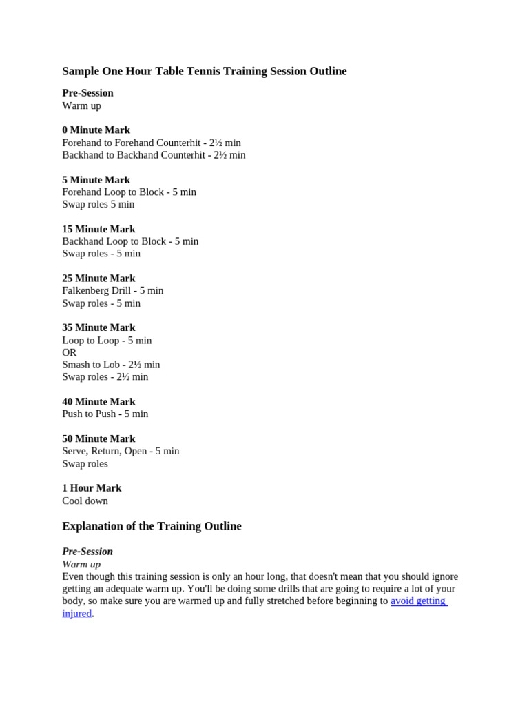 One Hour Table Tennis Training Session Outline | PDF | Table Tennis