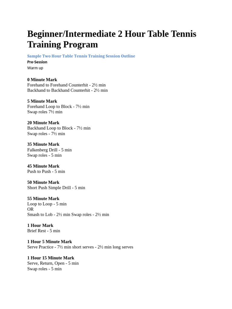 Two Hour Table Tennis Training Session Outline | PDF | Table Tennis