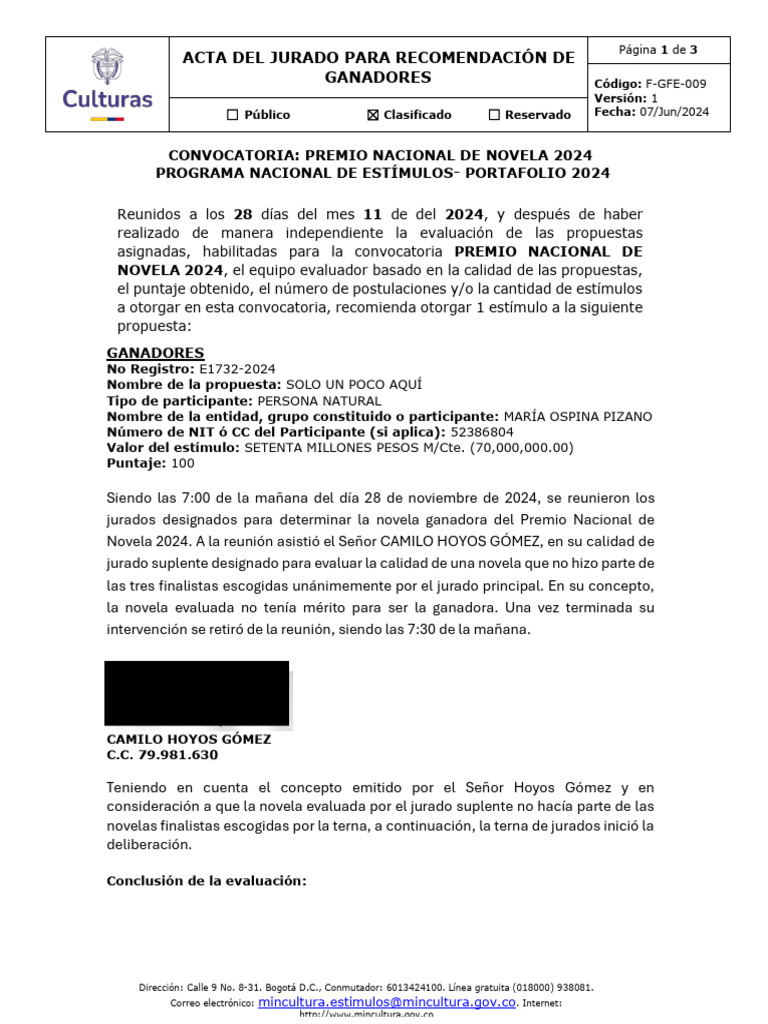 006 - ACTA - DE - GANADORES (Premio Nacional de Novela) | PDF