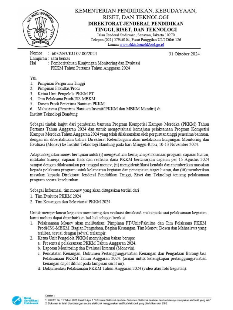 Monev PKKM 2024 di ITB: Jadwal dan Persiapan | PDF