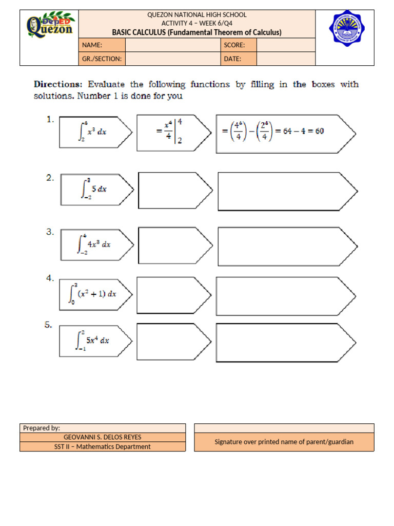 Fundamental Theorem of Calculus Worksheet | PDF