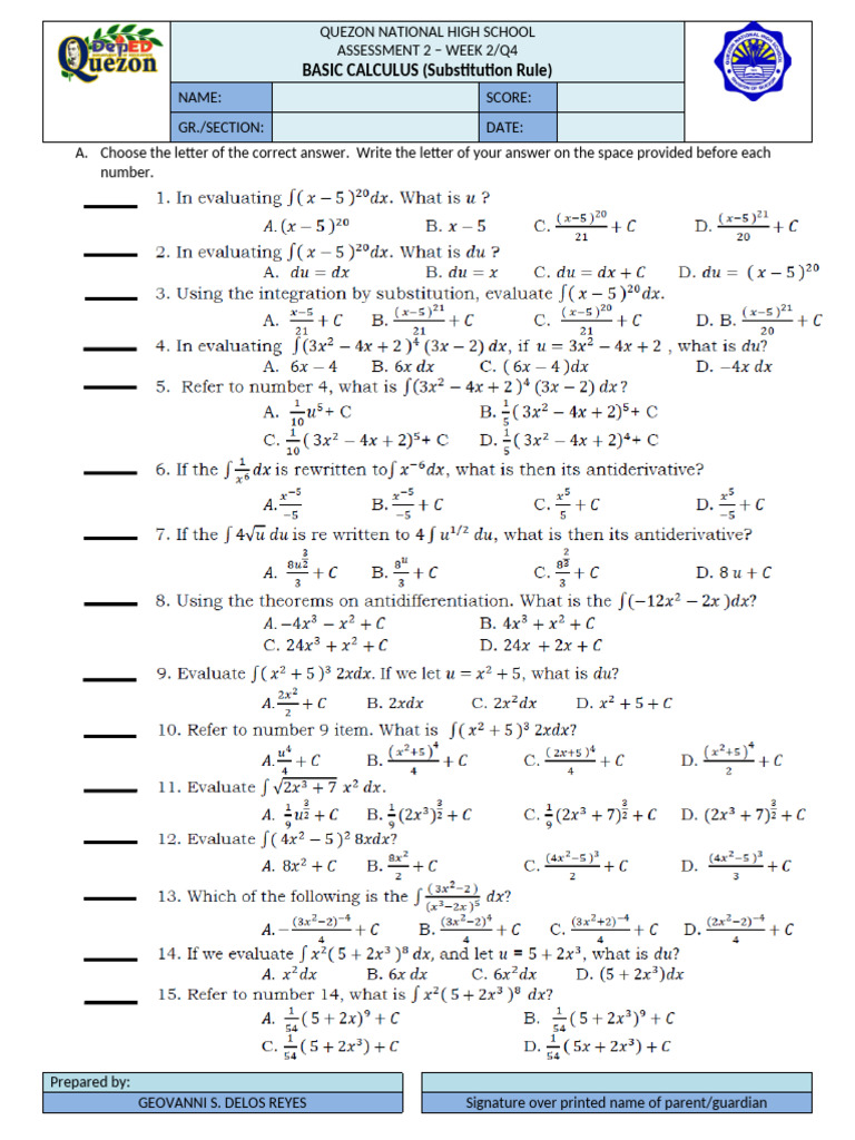 Basic Calculus Assessment: Substitution Rule | PDF