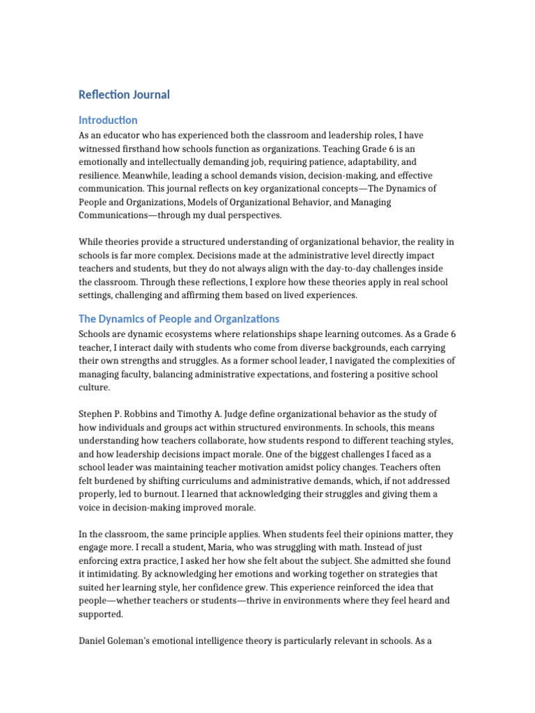 Reflection Journal Teacher Leader | PDF | Teachers | Leadership
