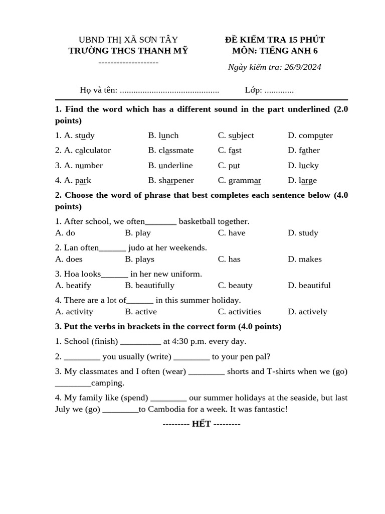 KT 15p - Anh 6 | PDF