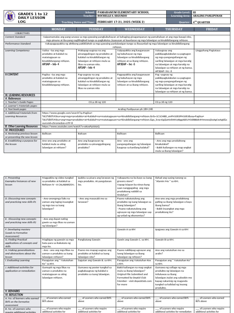 DLL - Araling Panlipunan 3 - Q4 - W2 | PDF