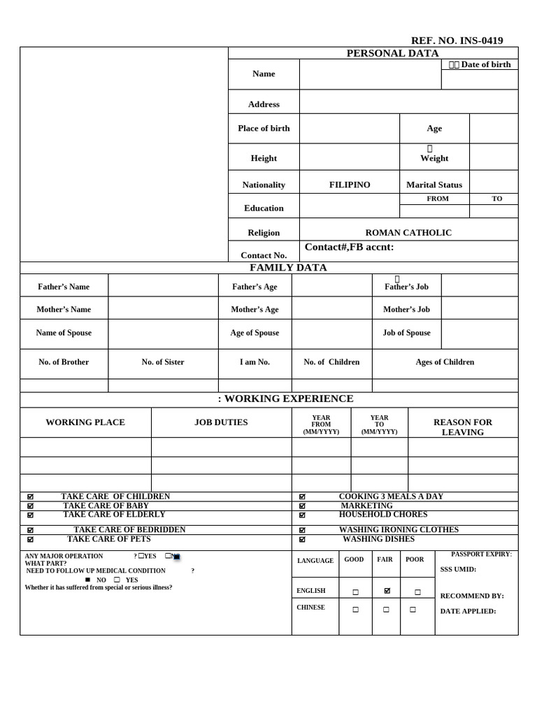 Nursinghome Caregiver Biodata | PDF