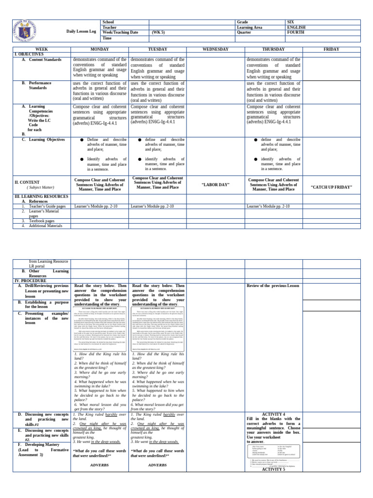 GR 6 Dll-English-Wk 5-QTR 4 | PDF | Adverb | Question