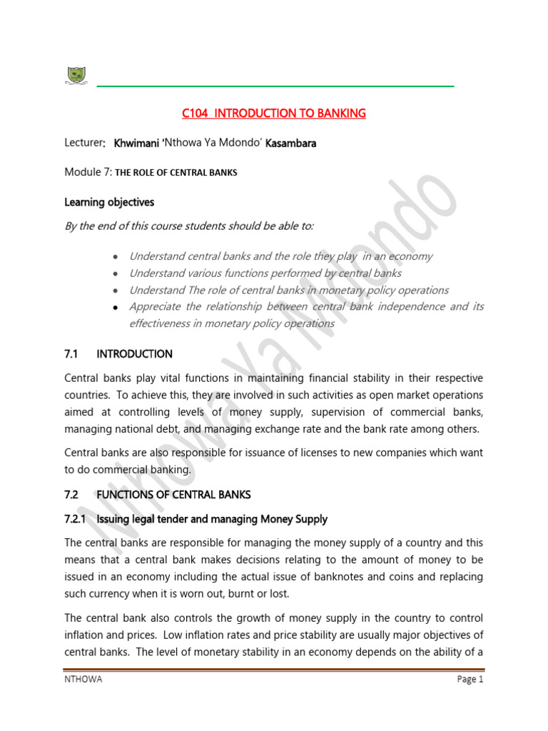 Intro To Banking Chapter 7 | PDF | Monetary Policy | Central Banks