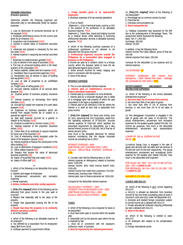 06-Practice Quizzers - Allowable Deductions | PDF | Tax Deduction | Expense