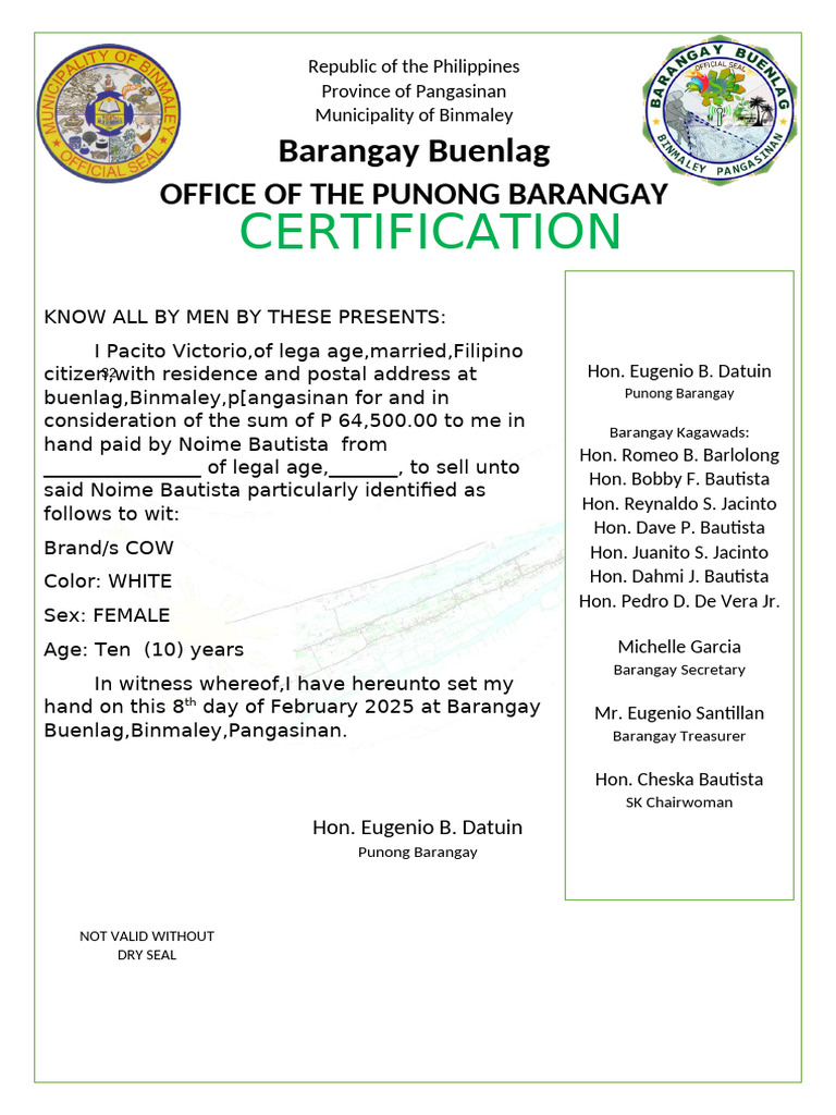 Cow Sale Certification in Pangasinan | PDF