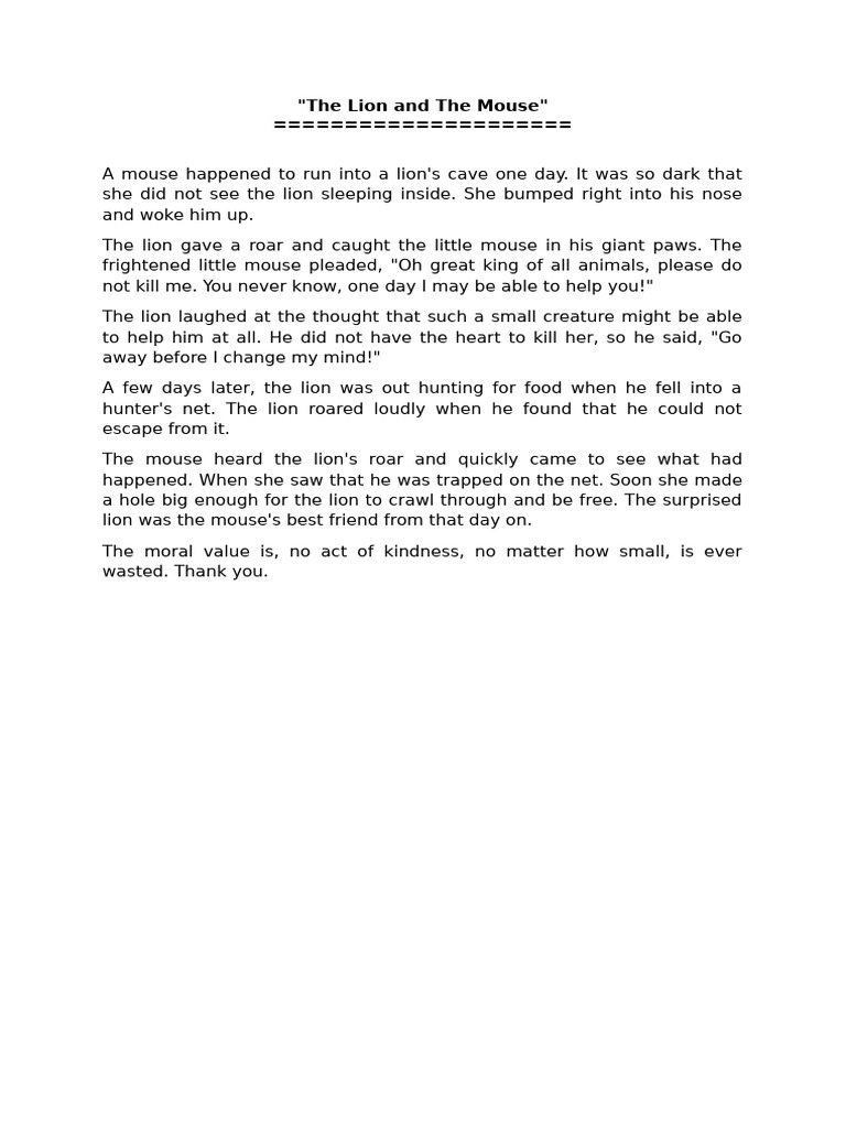 Lion and Mouse: A Tale of Kindness | PDF