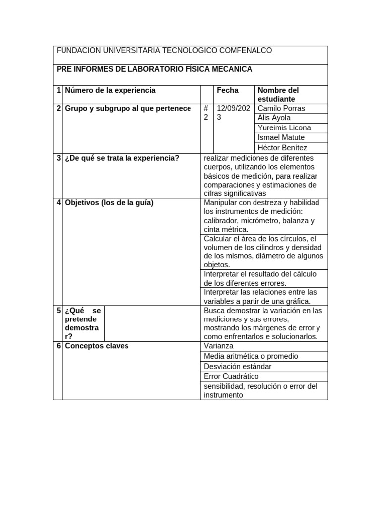 Pre Informe de Fisica Mecacnica #1 Laboratorio | PDF | Medición | Incertidumbre