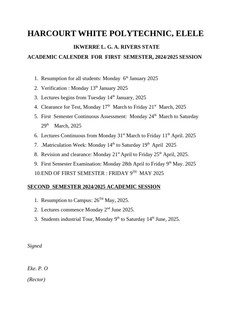 Harcourt White Polytechnic Academic Calendar 2025 | PDF