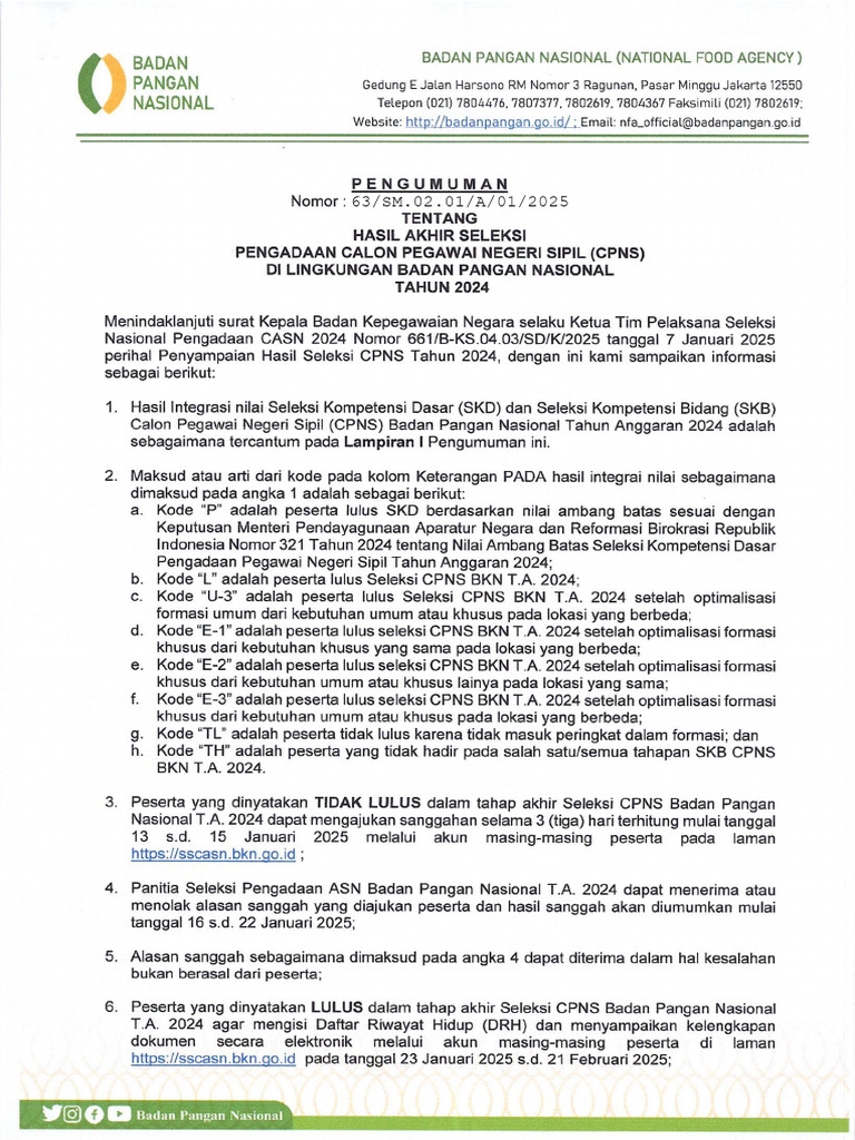 Pengumuman Hasil Akhir Seleksi Pengadaan Calon Pegawai Negeri Sipil Cpns Badan Pangan Nasional ...