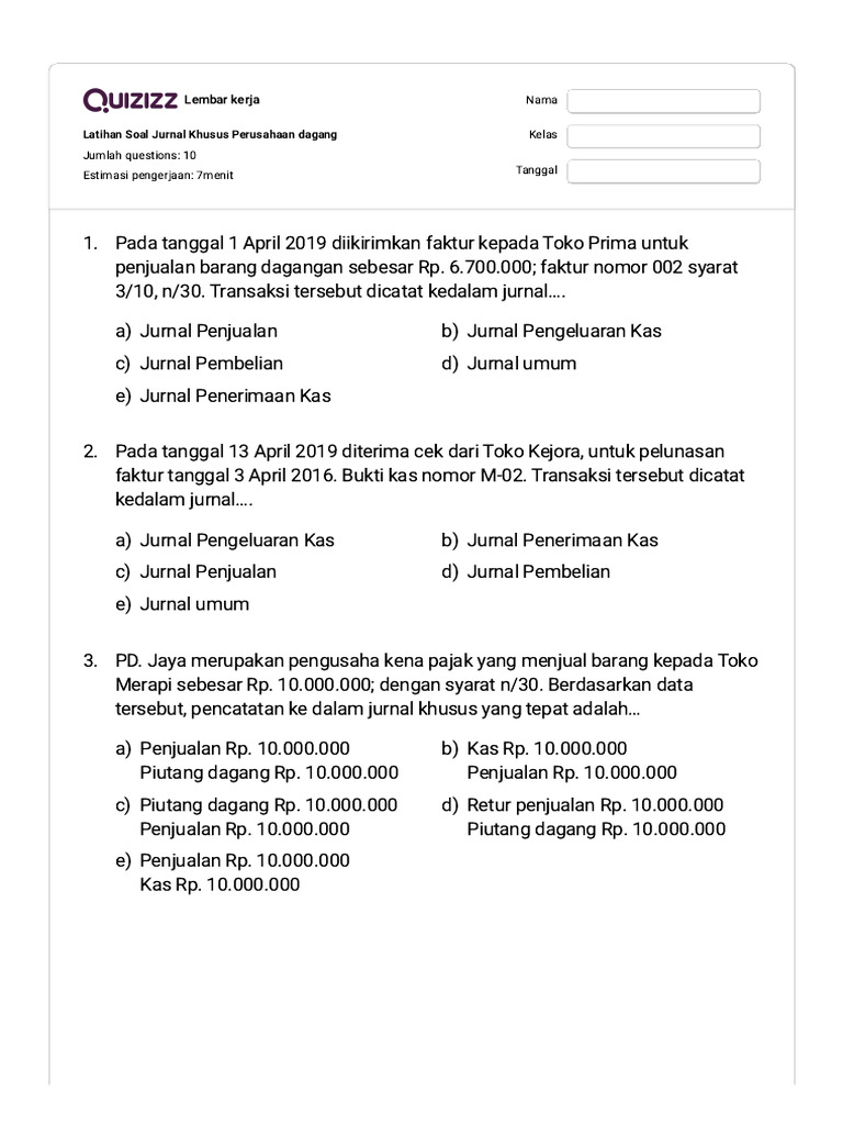 Latihan Soal Jurnal Khusus Perusahaan Dagang - Quizizz | PDF