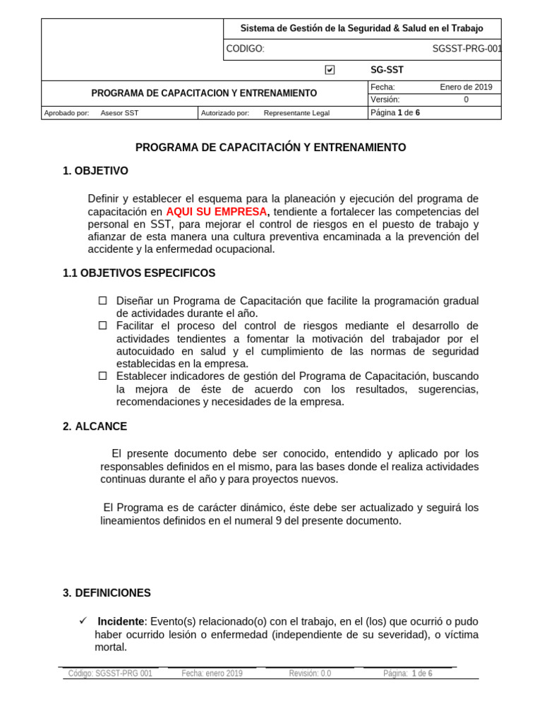 1 SGSST-PRO 001 Programa de Capacitación y Entrenamiento | PDF | Seguridad y salud ocupacional