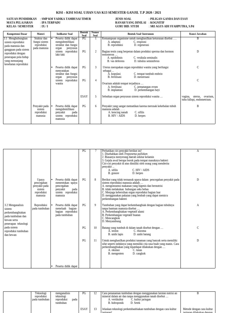 Kisi-Kisi Ipa Kelas Ix | PDF