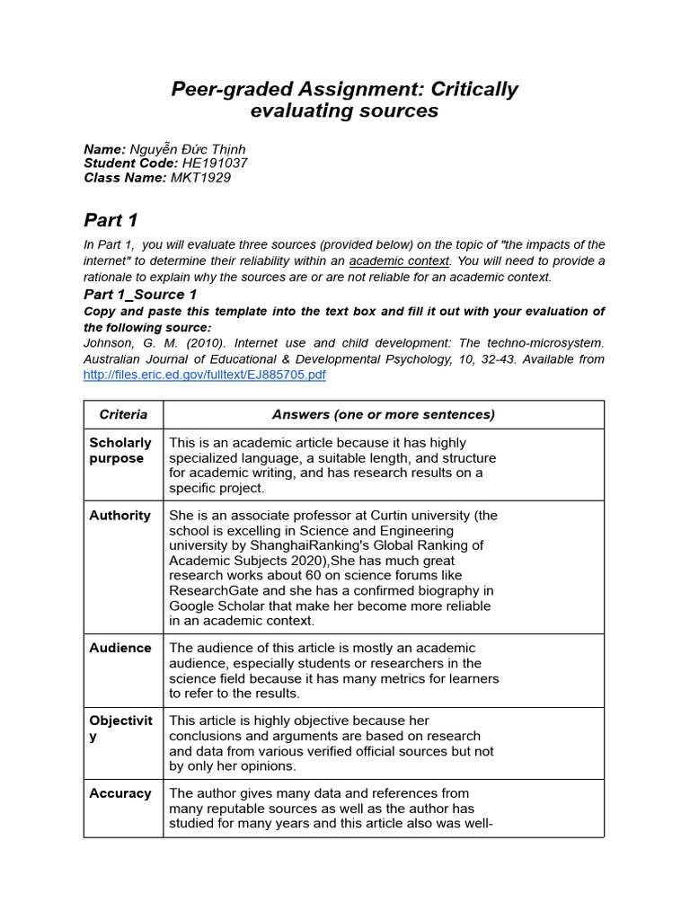 SSL101c - Week 6 - Peer-Graded Assignment - Critically Evaluating Sources | PDF | Citation ...