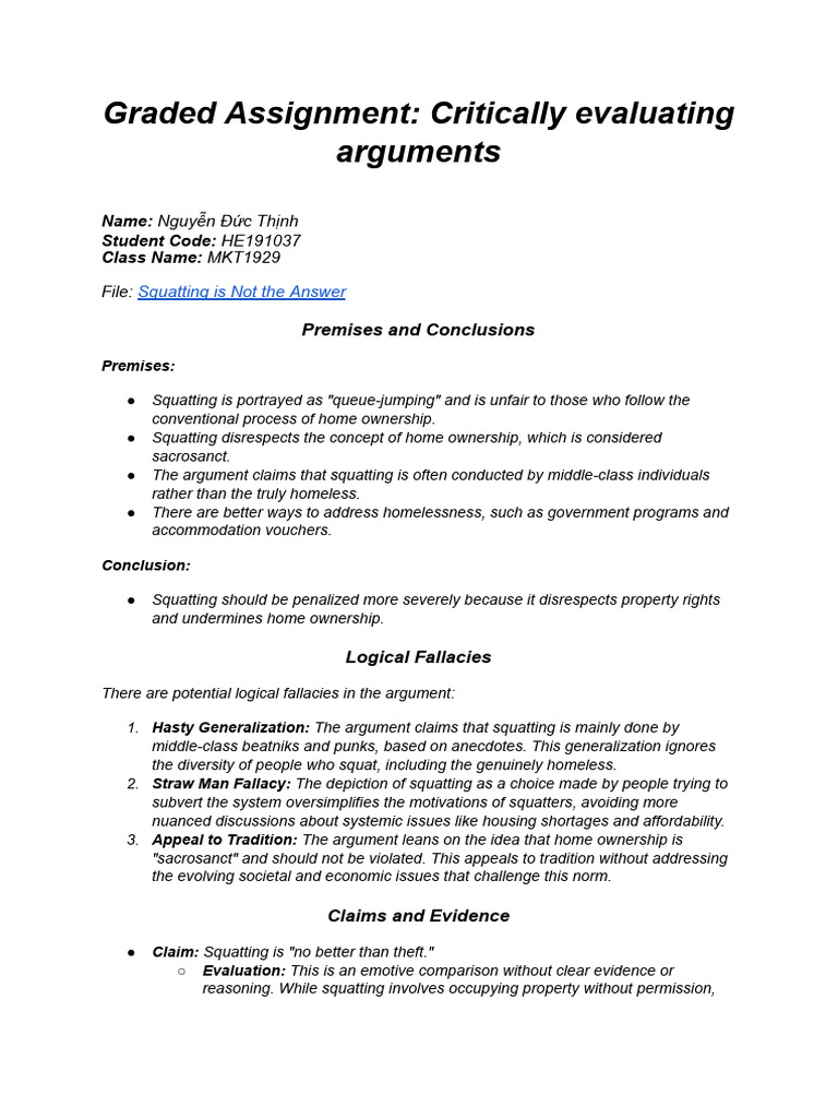 Graded Assignment - Critically Evaluating Arguments | PDF | Fallacy | Squatting